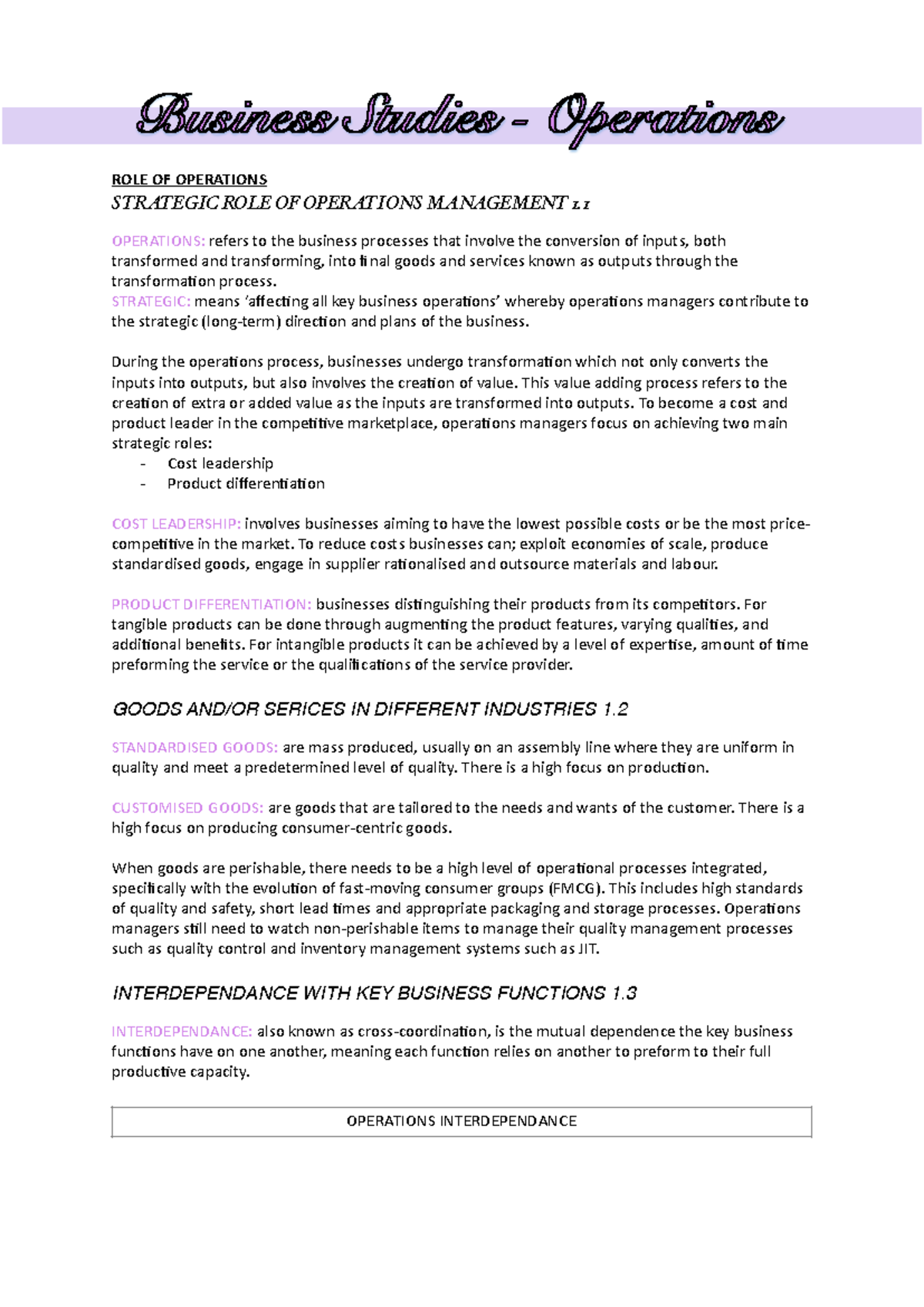 Year 12 Business Studies: Operations Management Overview - Studocu