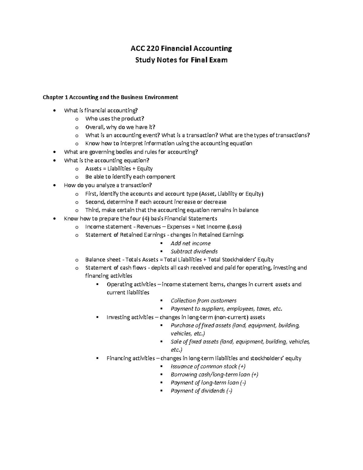 ACC 220 Financial Accounting Final Exam Study Notes - Studocu
