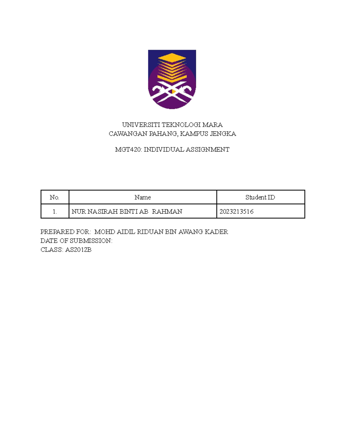 Individual Assignment MGT - UNIVERSITI TEKNOLOGI MARA CAWANGAN PAHANG ...