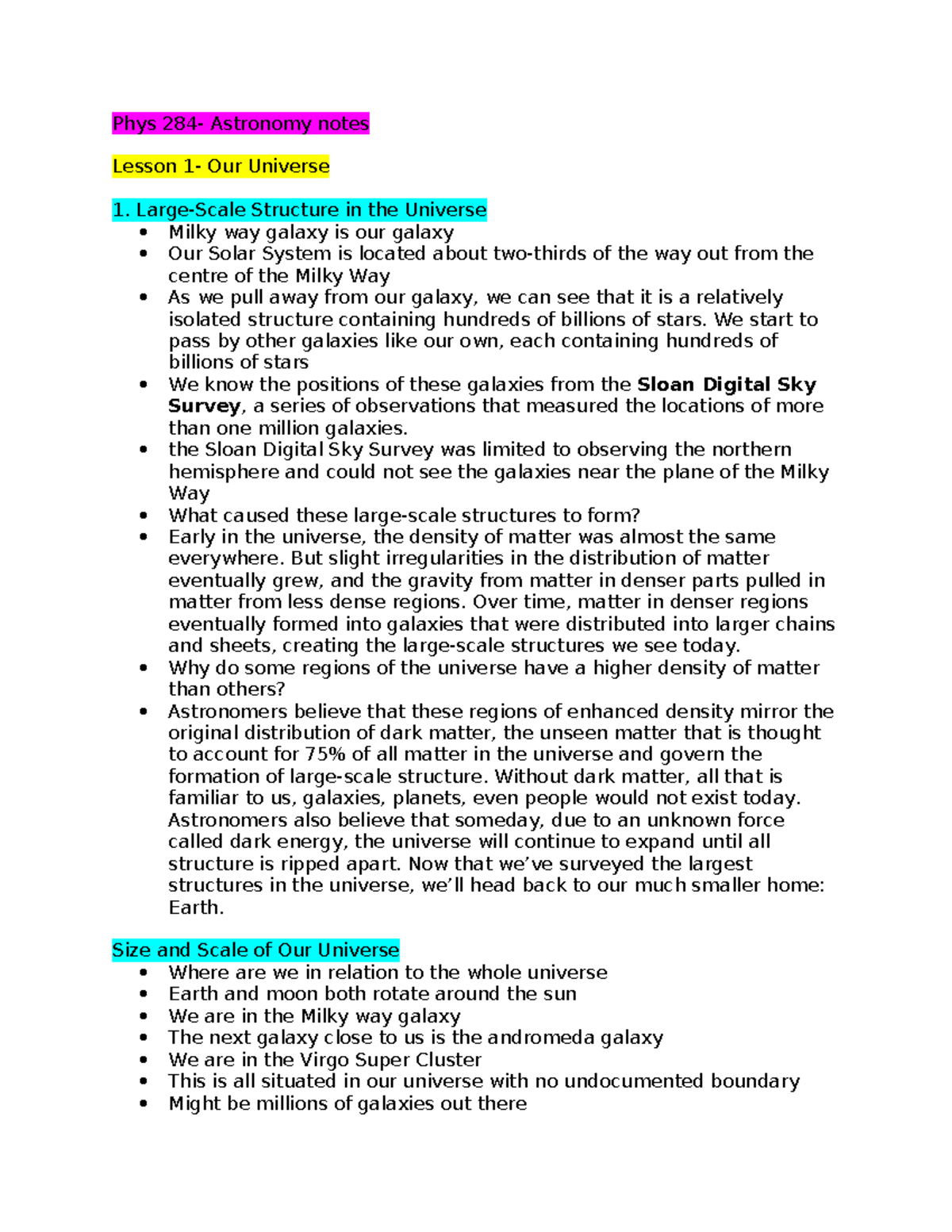 Phys 284 - Comprehensive Astronomy Lecture Notes and Insights - Studocu