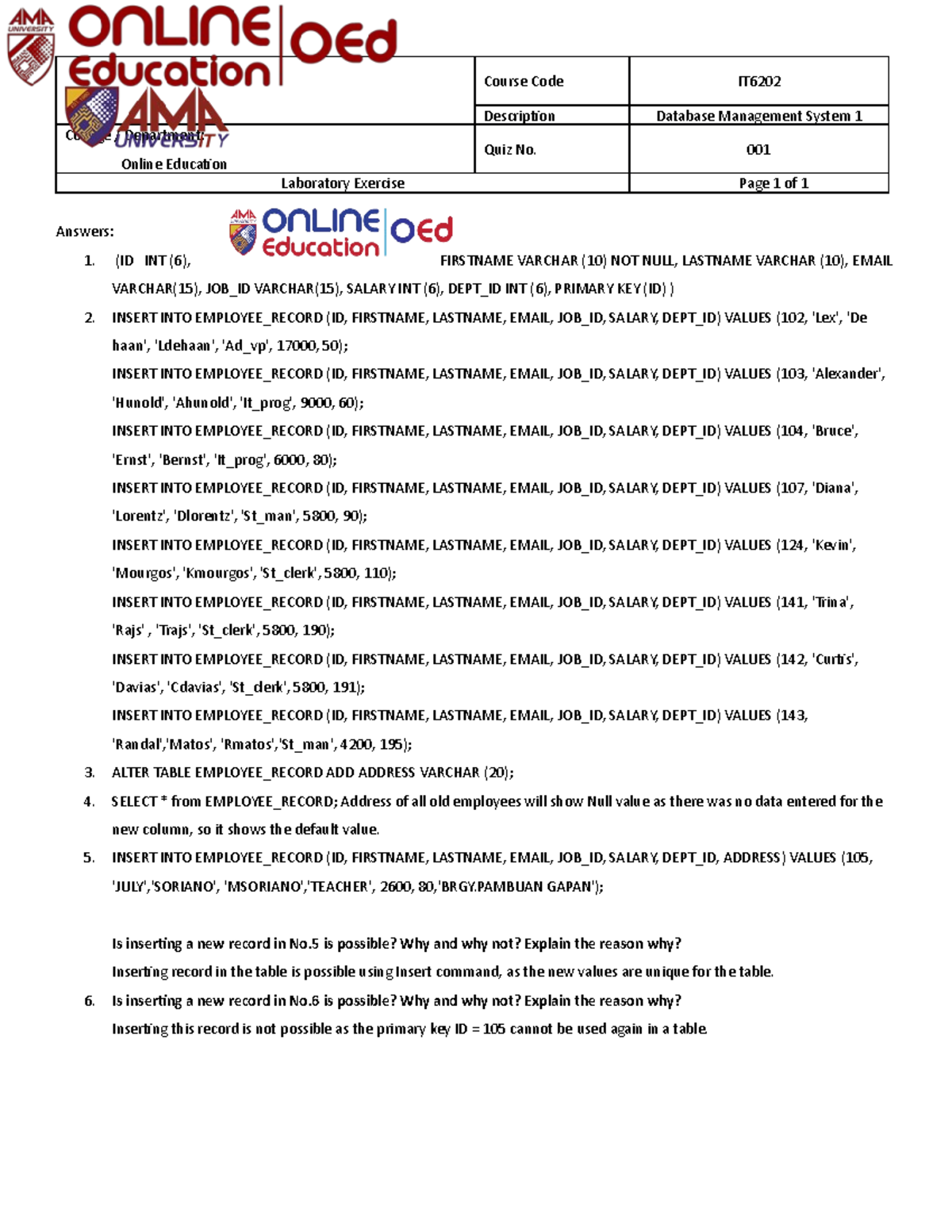 Laboratory Exercise 001 - Course Code IT Description Database ...