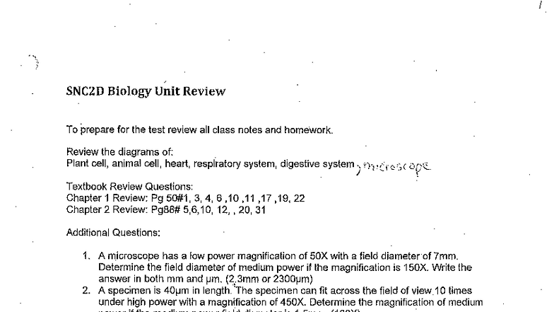 Biology Unit Test Review - SNC2D Biology Unit Review To prepare for the ...