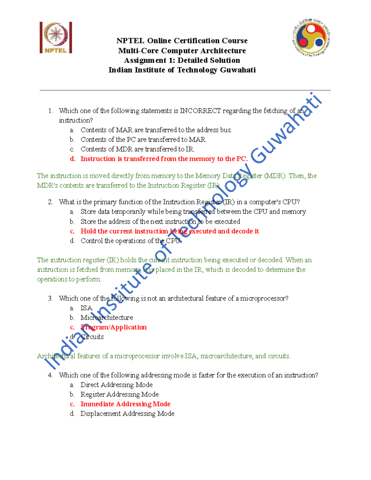 Computer Architecture Assignment 1: Detailed Solutions (NPTEL) - Studocu