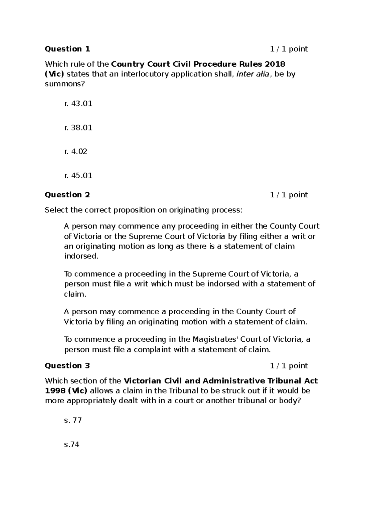 Civil Procedure Quiz - Questions on County Court Rules (2018) - Studocu