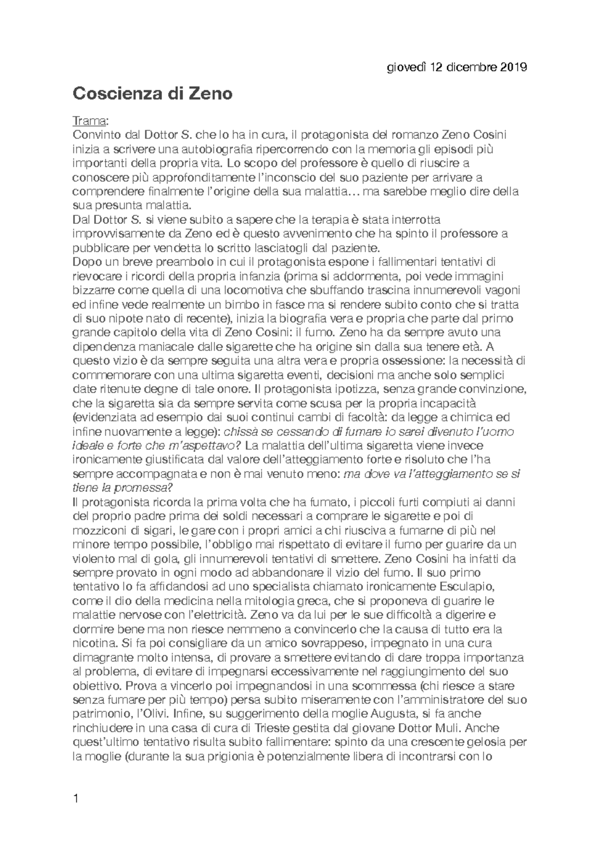 Coscienza di Zeno - Riassunto e Analisi della Malattia di Zeno Cosini ...