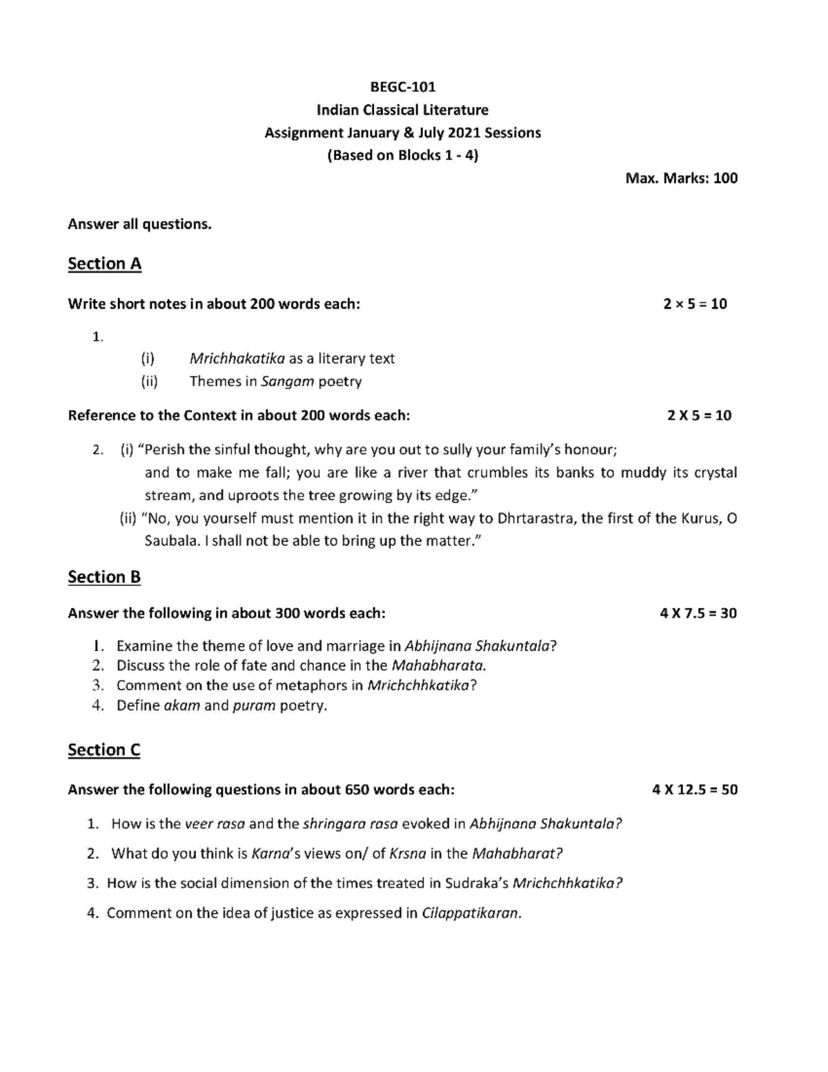 BEGC 101 EM 2021 - Notes on Indian Classical Literature - Studocu