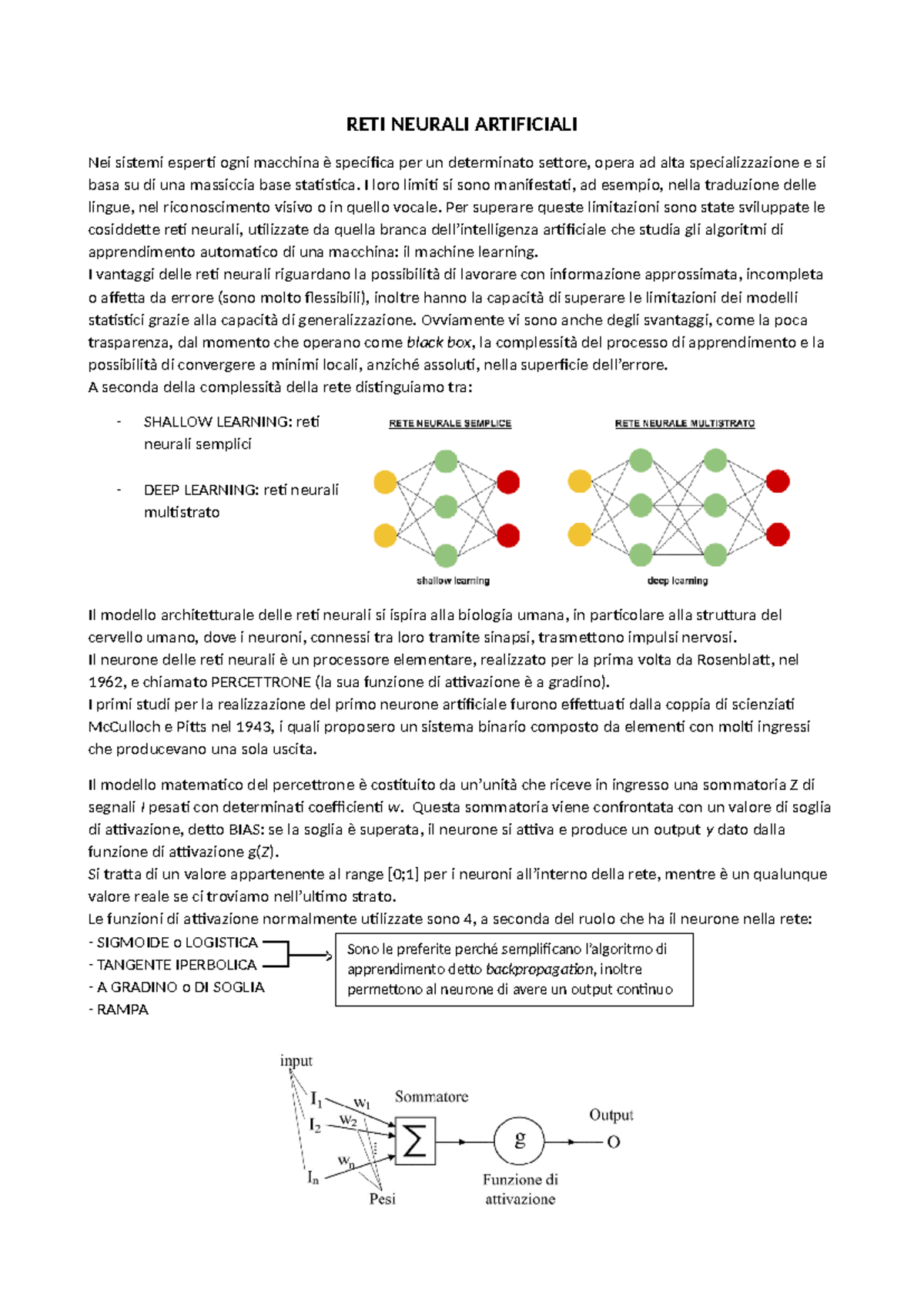 Reti Neurali (Machine Learning) - RETI NEURALI ARTIFICIALI Nei sistemi ...