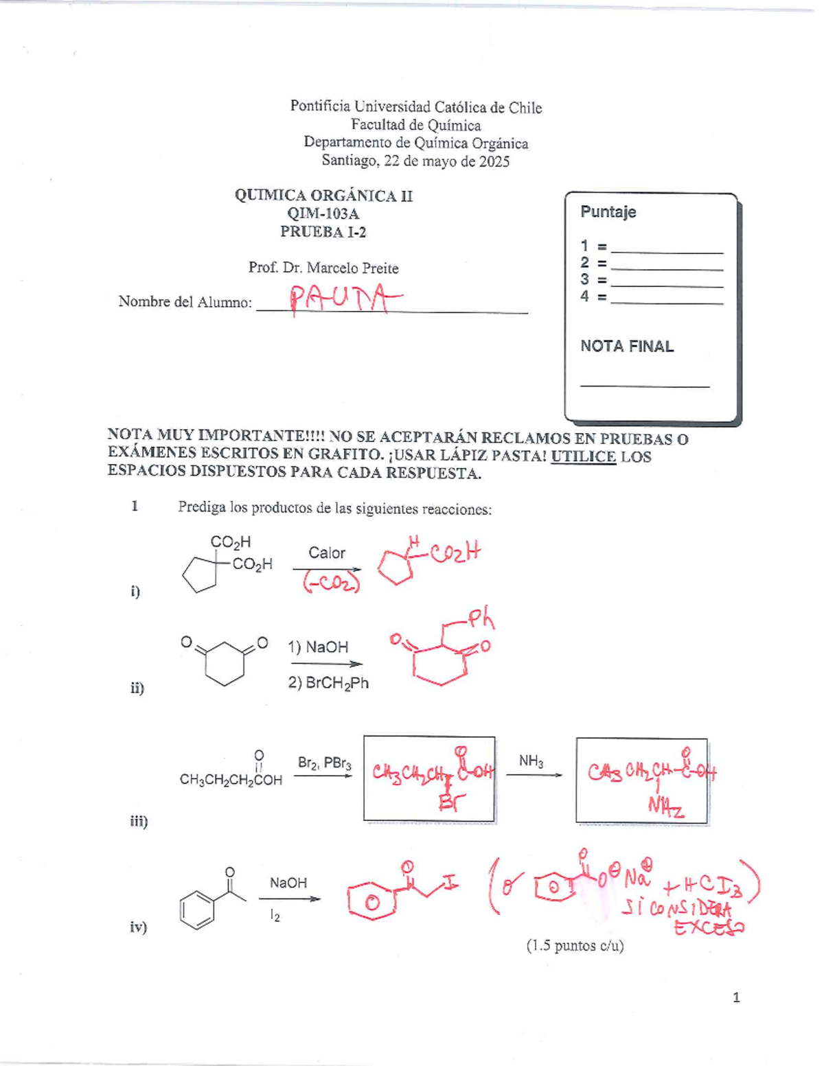 Pauta I-2 QIM-103A Química Orgánica II 1er Sem 2025 - Examen - Studocu