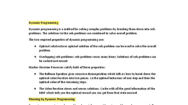 Dynamic Programming and Monte Carlo Methods in AI/ML (Unit 2) - Studocu