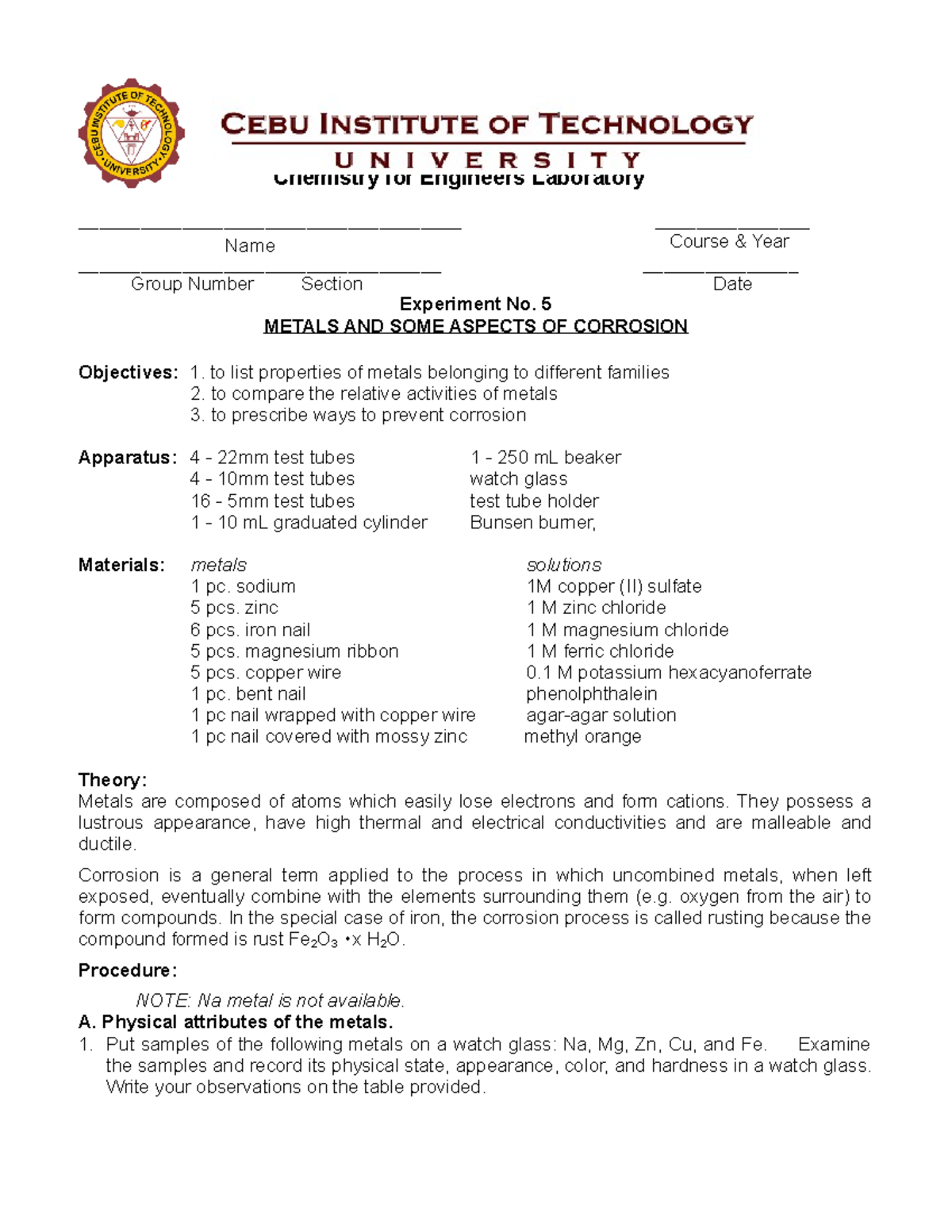 Chem 181 Laboratory: Metals and Corrosion (Exp. 5) Analysis - Studocu