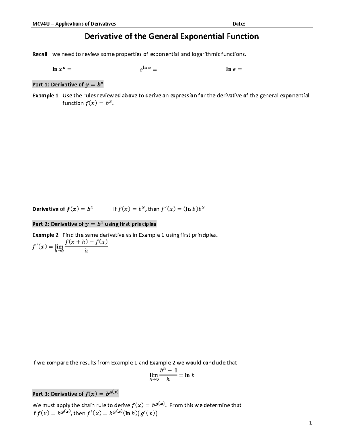 MCV4U Final Exam Notes: Derivatives of Exponential Functions - Studocu