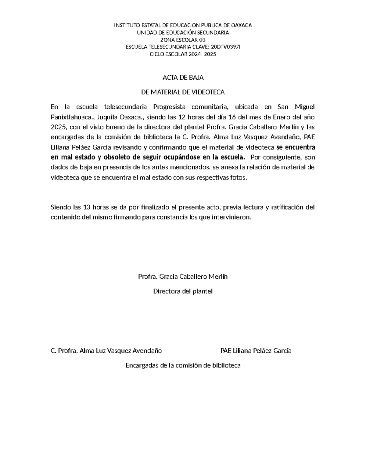 ACTA DE BAJA - baja de invetarios - INSTITUTO ESTATAL DE EDUCACION PUBLICA DE OAXACA UNIDAD DE ...