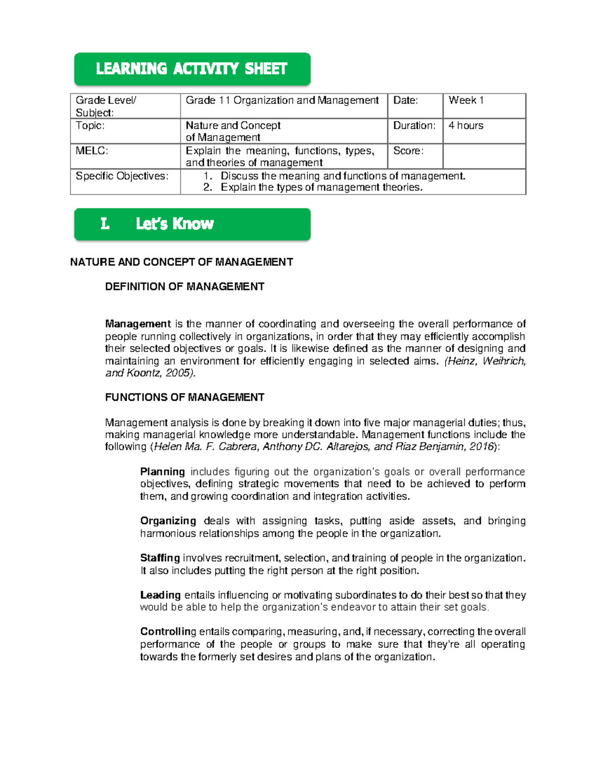 Q1 LAS: Org & Mgt 11 - Week 2 MELC 1 Overview and Functions - Studocu