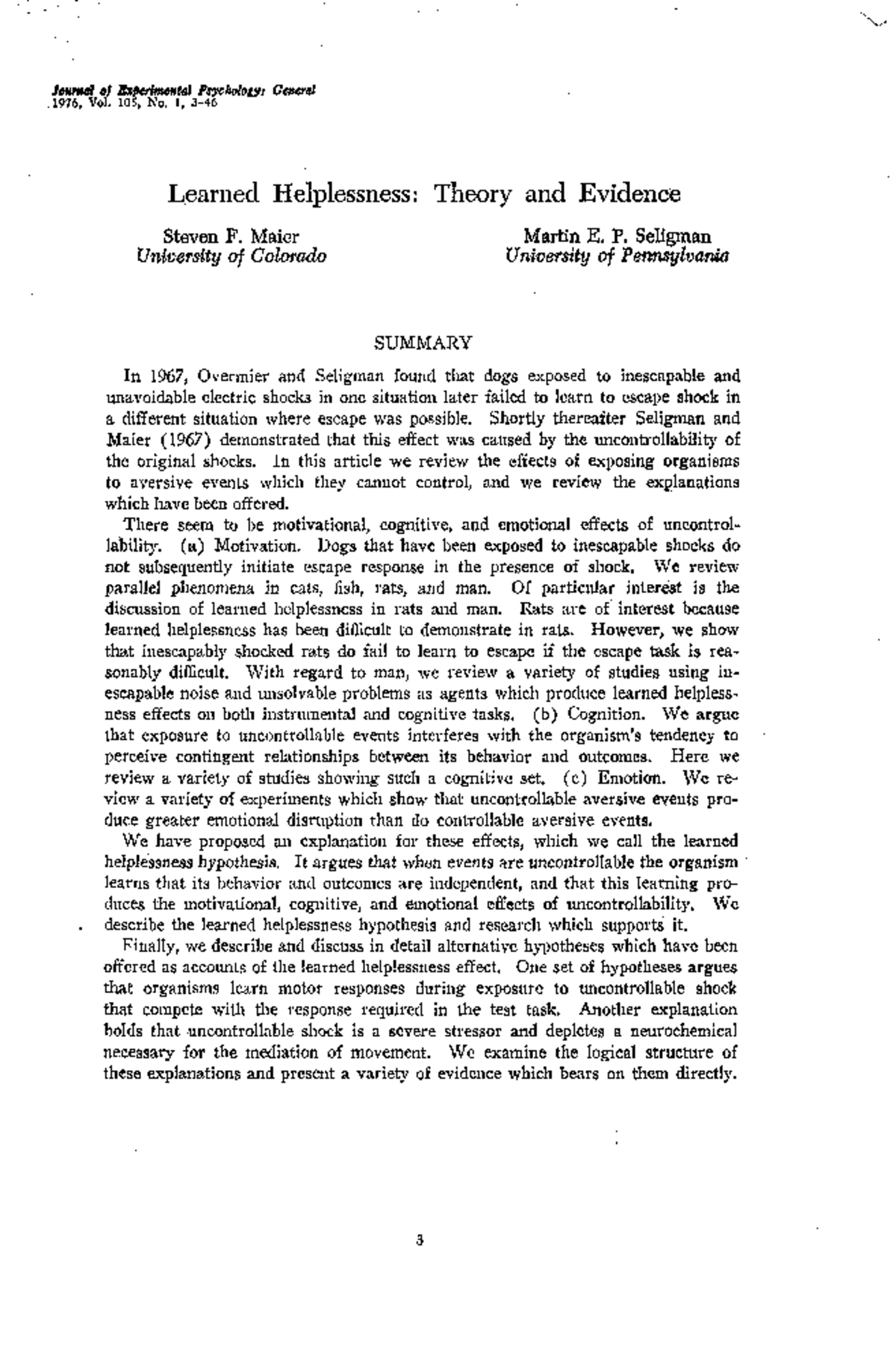 Lhtheoryevidence - the learned helplessness experiment - , Journal ol ...