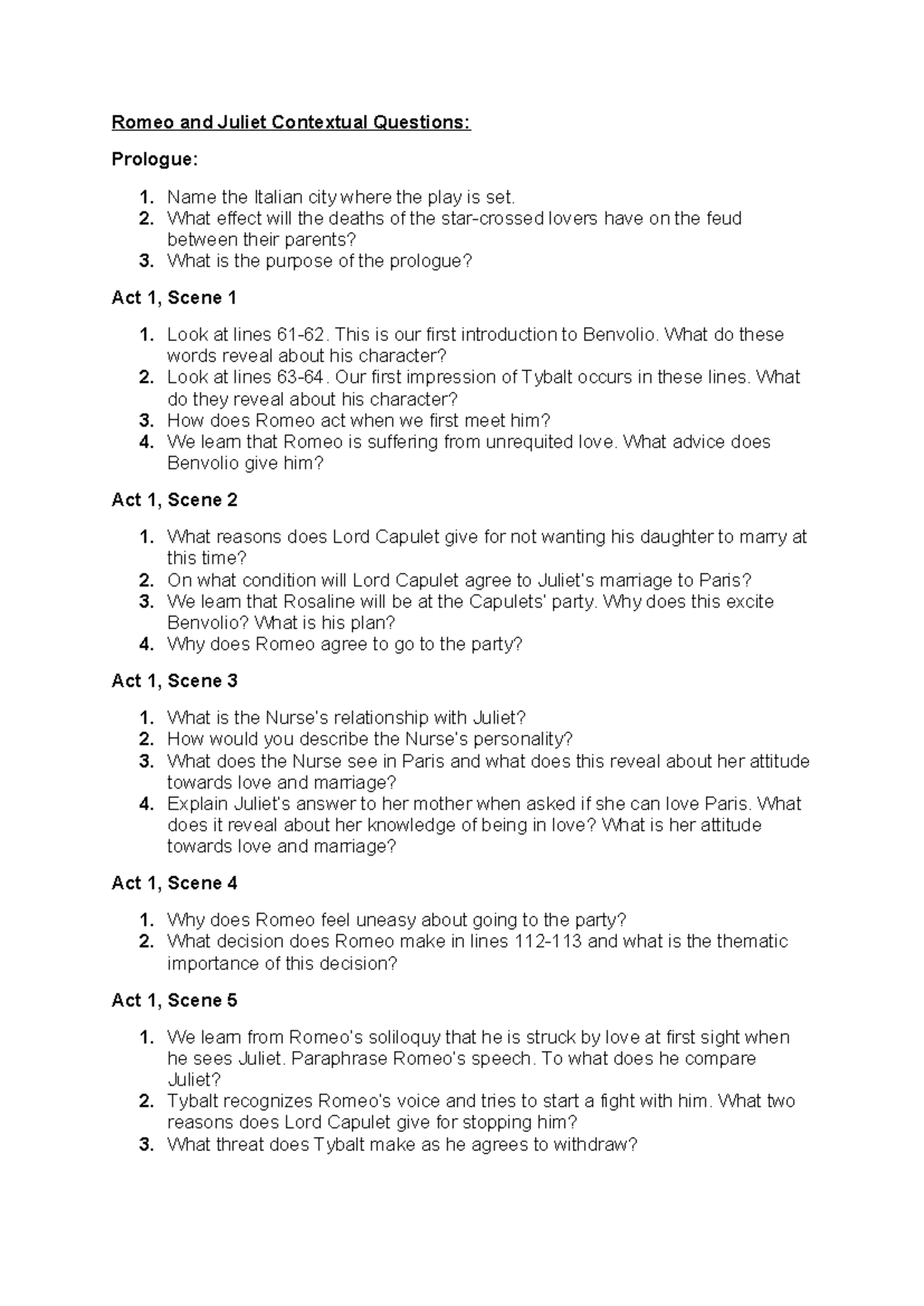 Romeo and Juliet (ENG 101) Contextual Questions and Analysis - Studocu