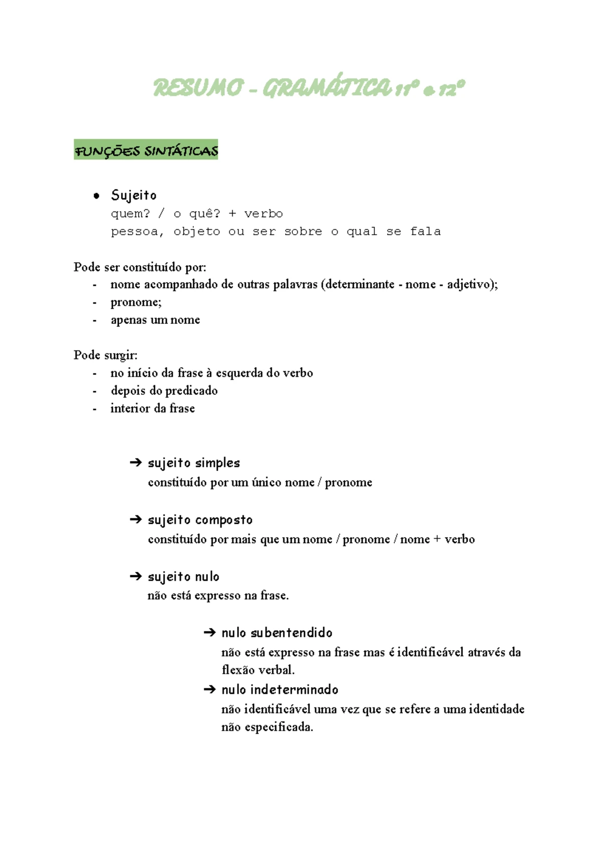 Gramática - Valor Aspetual e Funções Sintáticas em Português - Studocu