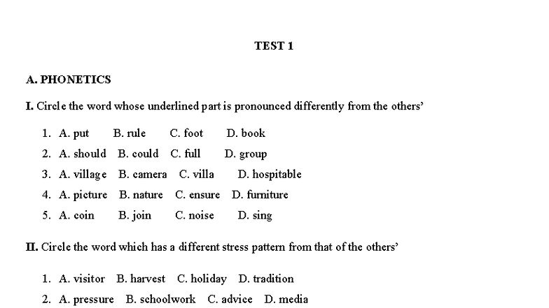 TEST 1 - PHONETICS & GRAMMAR EXERCISES - Studocu