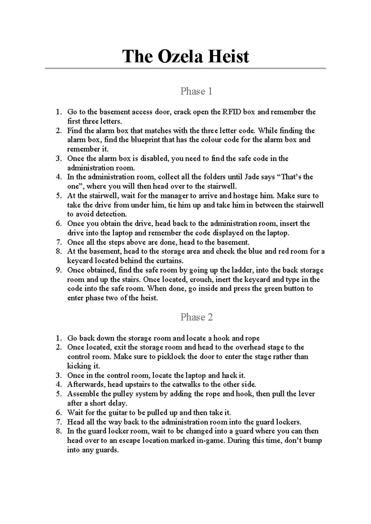 Ozela Heist Phase 1 & 2: Step-by-Step Guide - Studocu