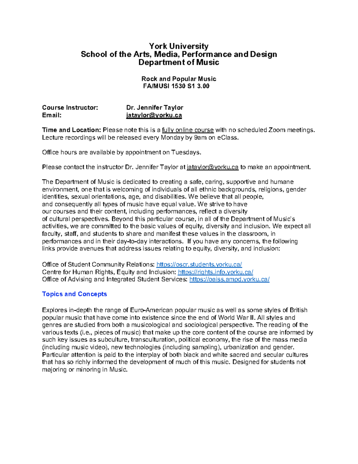 Music 2015 S1 3.00 Course Outline: Rock & Popular Music Overview - Studocu