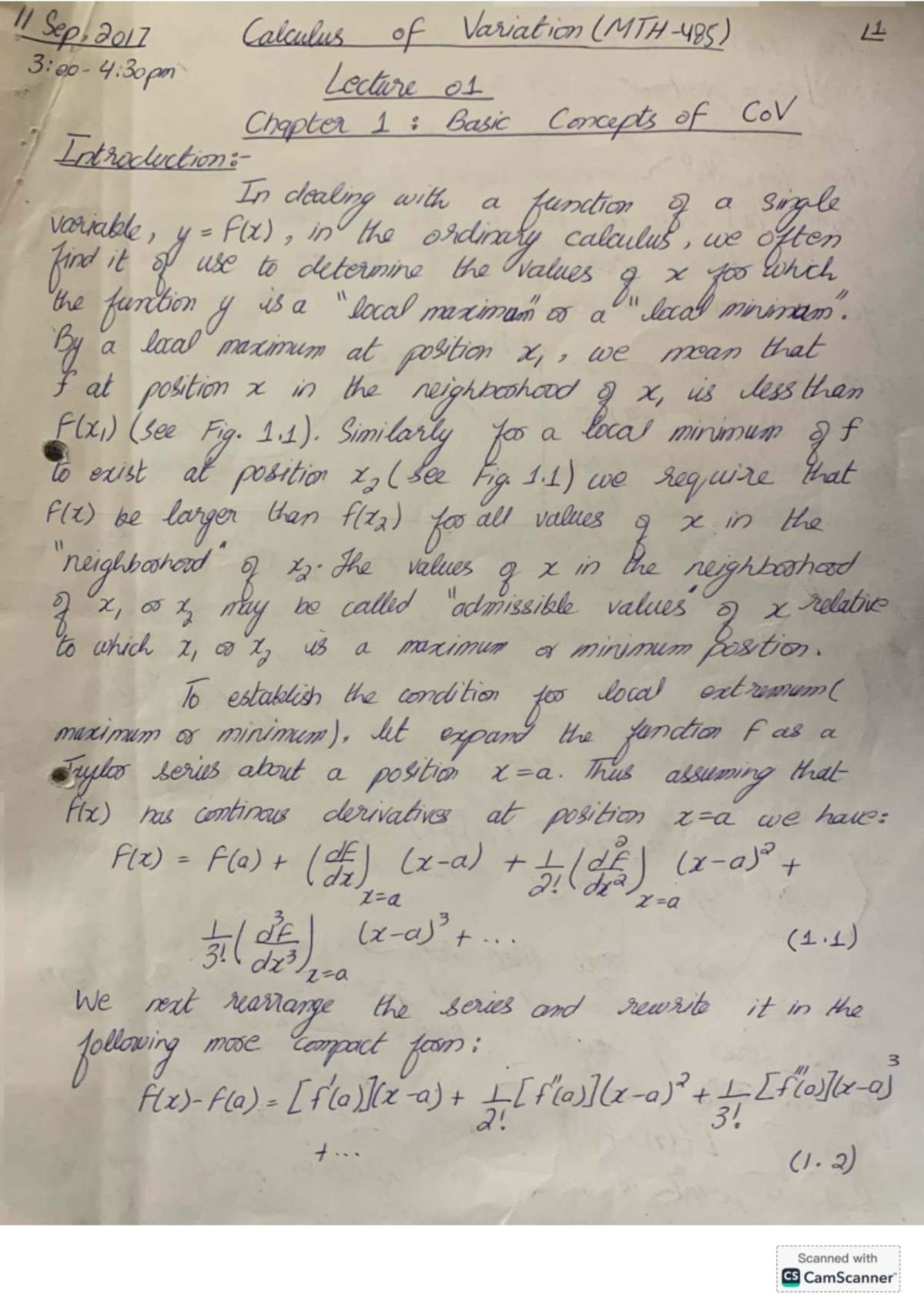 Calculus of Variation Notes: Lecture 11 - Basic Concepts of CoV - Studocu