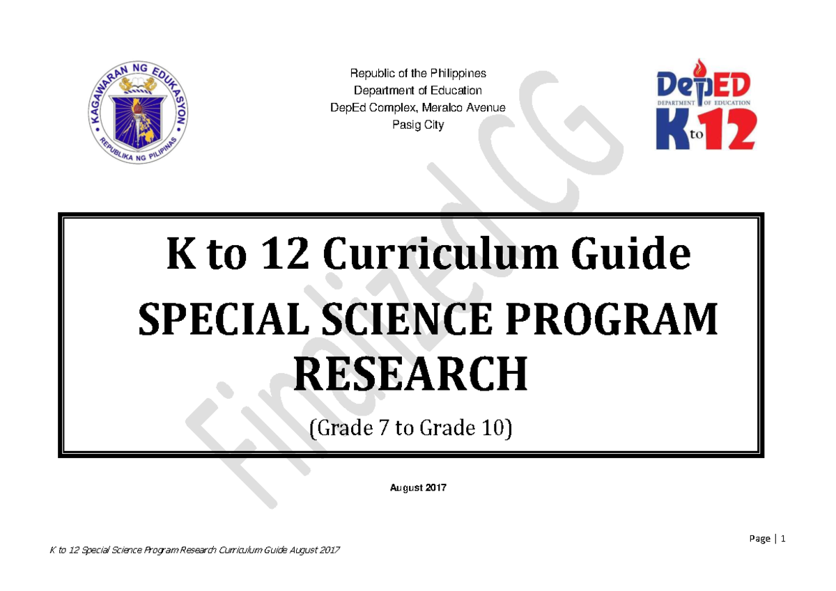 K to 12 Special Science Program Research Curriculum Guide (Grades 7-10 ...