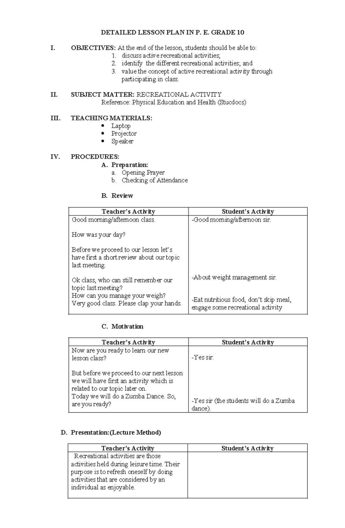 PE 12 - Detailed Lesson Plan on Recreational Activities - Studocu
