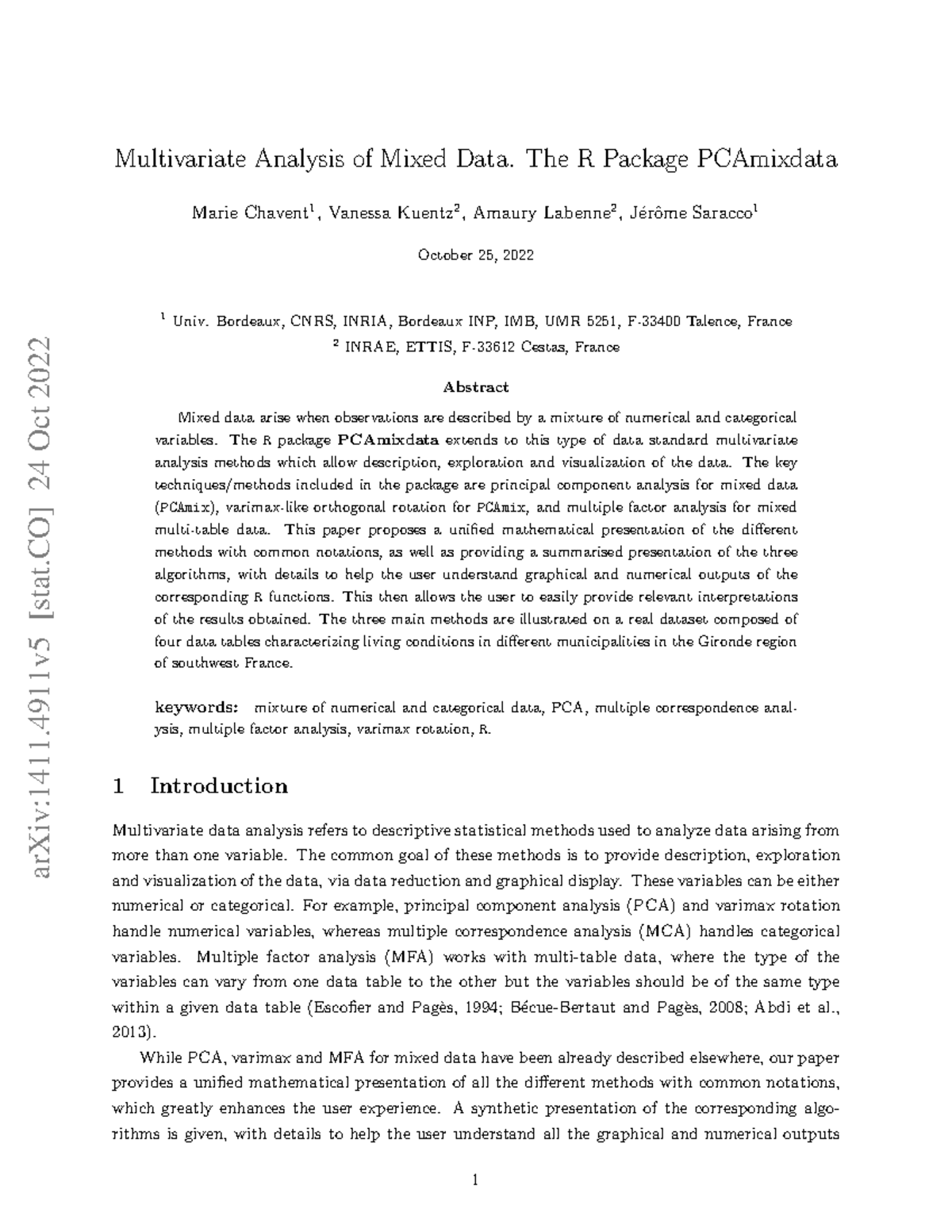 Multivariate Analysis of Mixed Data Using R Package PCAmixdata - Studocu