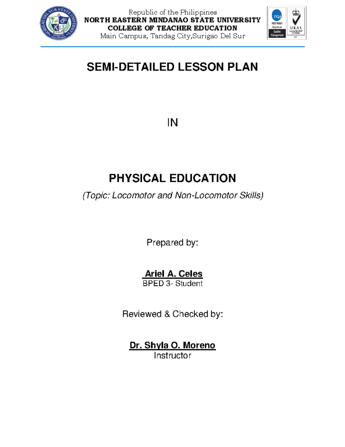 SEMI-Detailed Lesson Plan in PE: Locomotor & Non-Locomotor Skills - Studocu