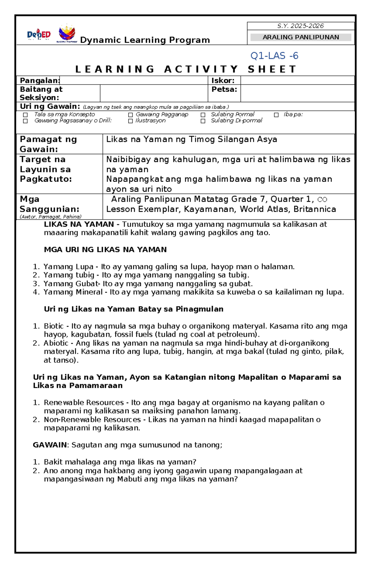 LEARNING ACTIVITY SHEET: Likas na Yaman sa Araling Panlipunan 7 - Studocu