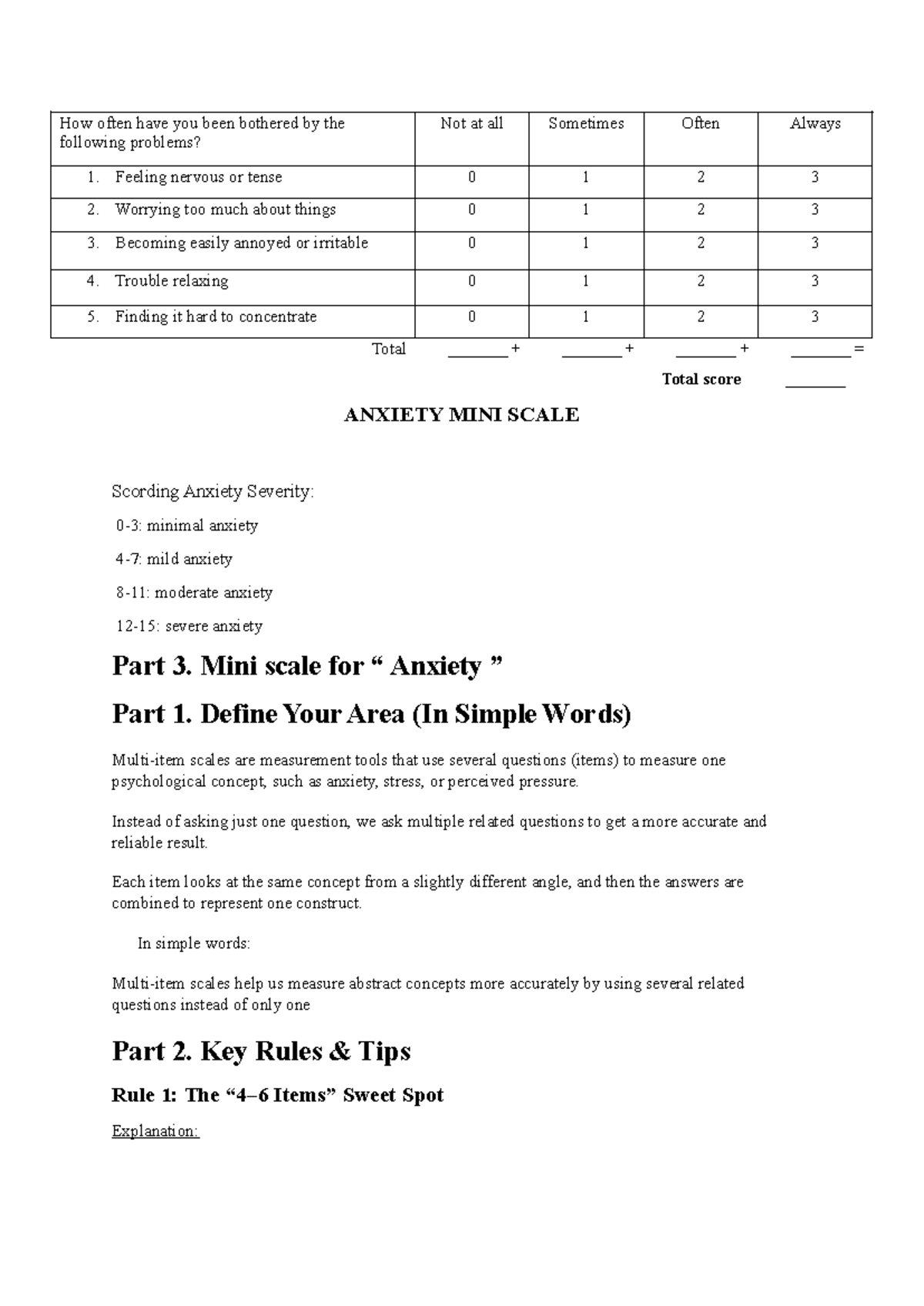 Multi-item Scales: Anxiety Measurement Techniques - Studocu