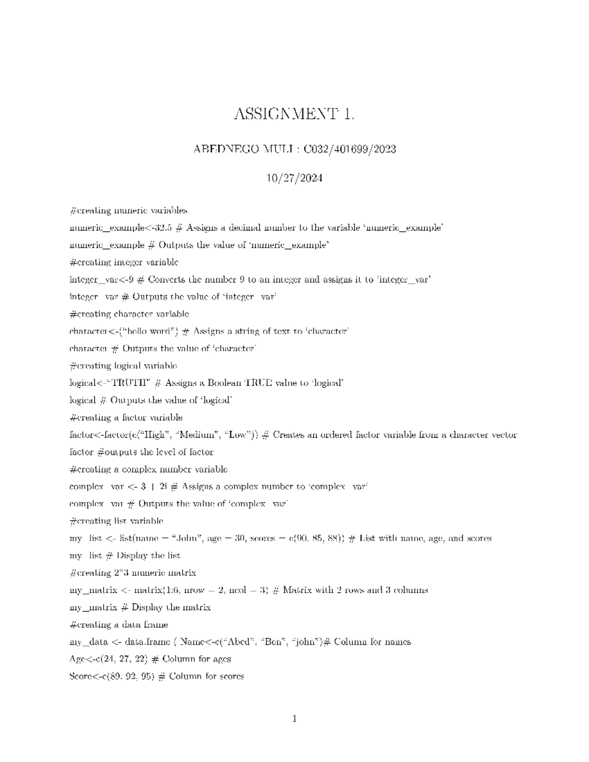 Statistical computing assignment 1 - ASSIGNMENT 1. ABEDNEGO MULI ...