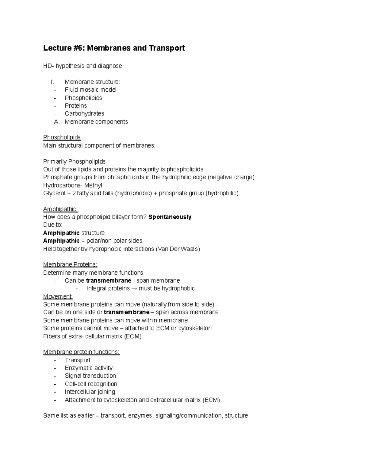 Biology Lecture Notes: Membranes & Transport Mechanisms - Studocu