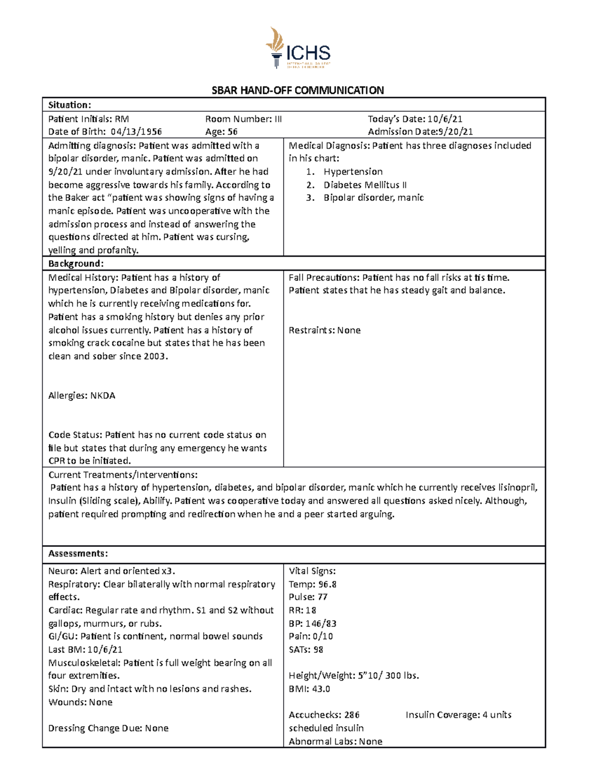 ICHS Clinical Form day 2 - SBAR HAND-OFF COMMUNICATION Situation ...