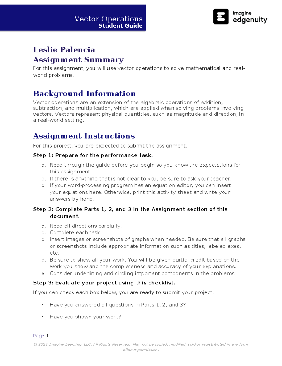 Precalculus-PT: Vector Operations Assignment Guide - Studocu
