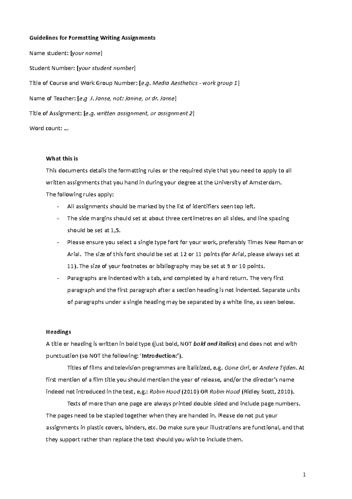 Formatting Guidelines for Writing Assignments MW - Studeersnel