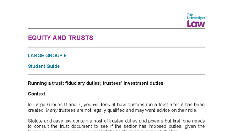 EQUITY AND TRUSTS LARGE GROUP 6: Trustee Duties & Fiduciary Responsibilities - Studocu