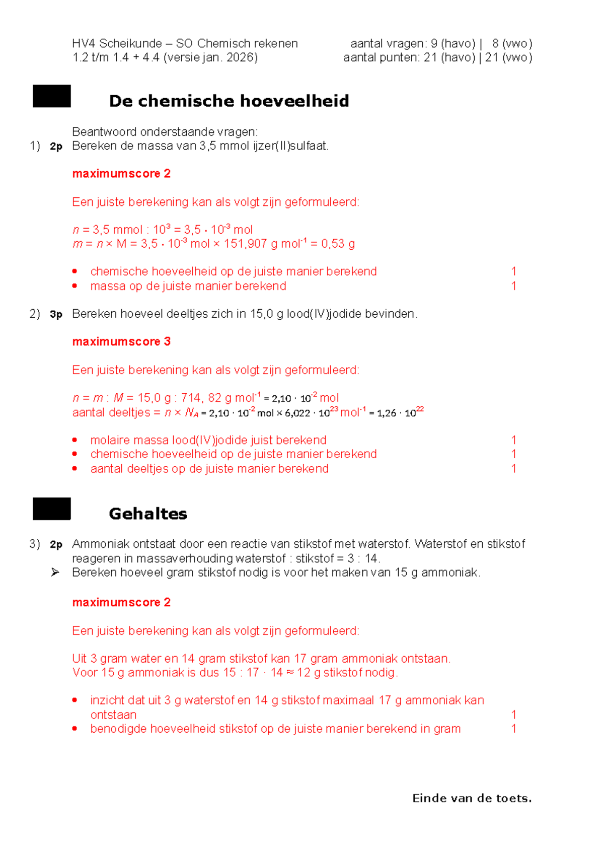 HV4 Scheikunde - SO Chemisch Rekenen 1.2-1.4 + 4.4 (versie jan. 2026 ...