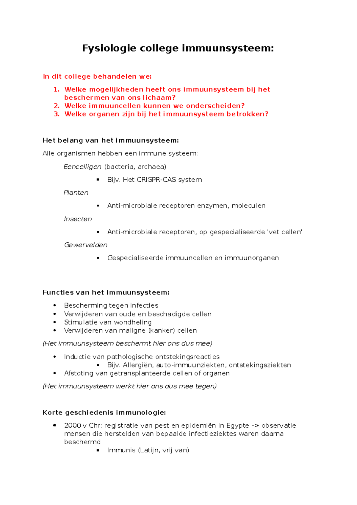 Fysiologie college: Immunsysteem en zijn functies in het lichaam ...