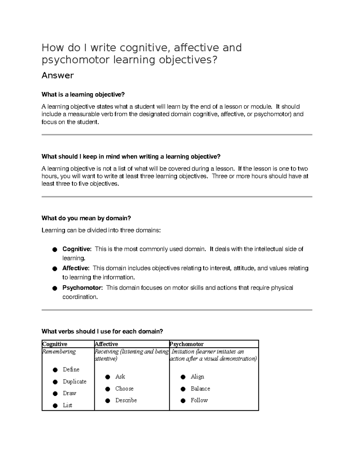 Cognitive, Affective & Psychomotor Learning Objectives Guide - Studocu