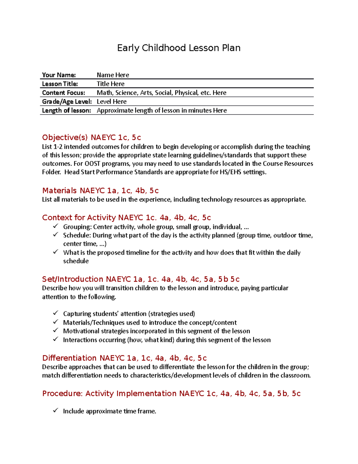 EC Lesson Plan Template - Early Childhood Lesson Plan Your Name: Name ...