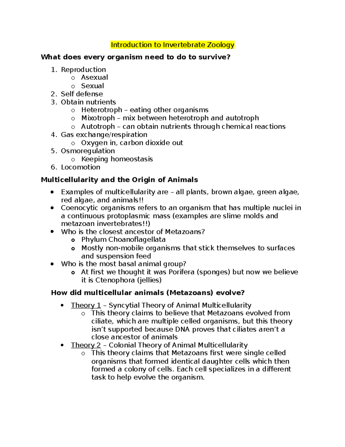 Invertebrate Zoology (BIO 101): Key Concepts & Species Overview - Studocu