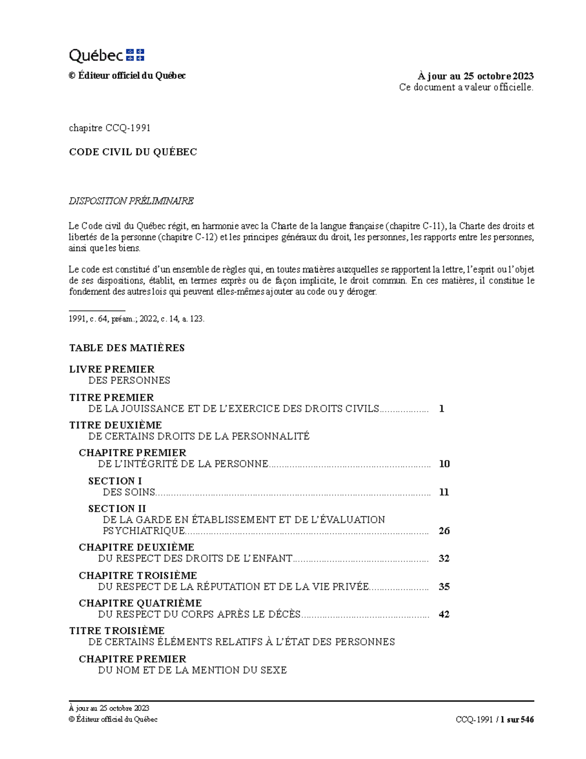 Table des matières du CODE CIVIL DU QUÉBEC (CCQ) - 2023 - Studocu