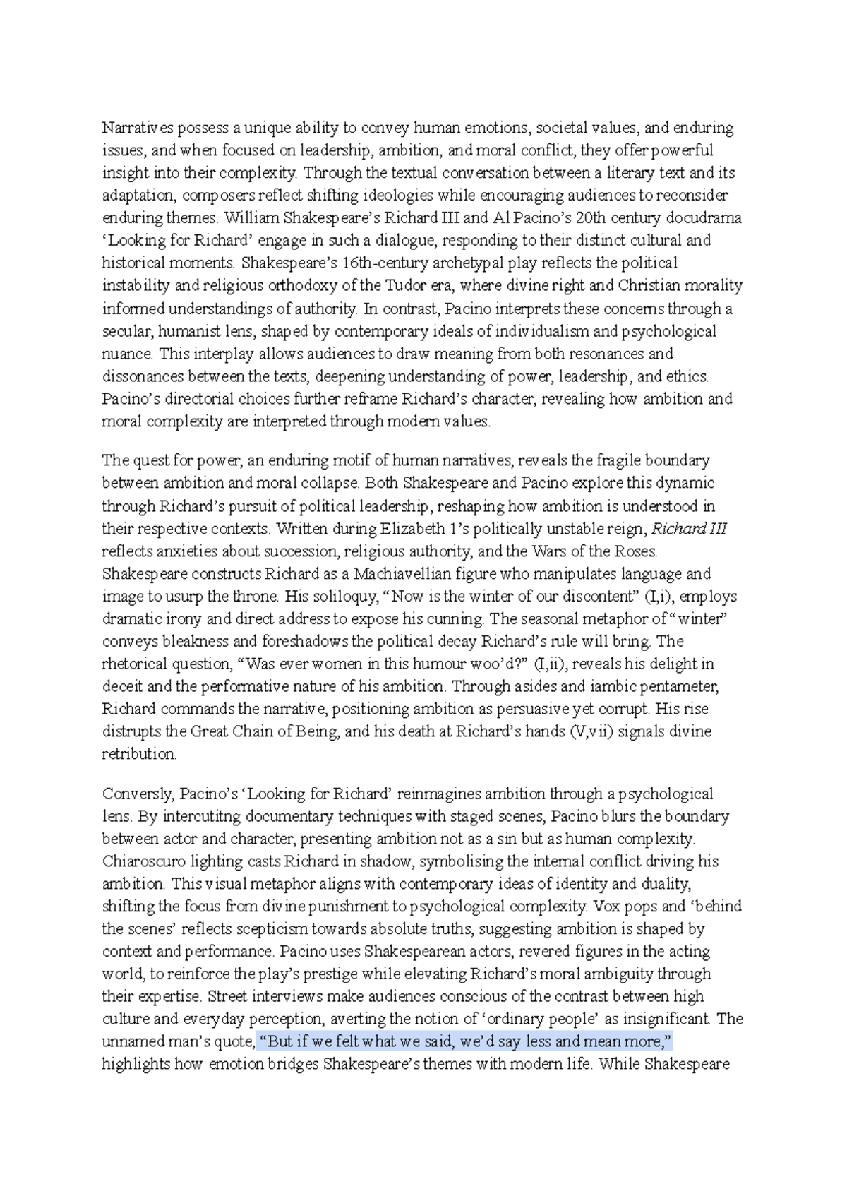 Richard III (ENG 101) Final Analysis: Ambition, Morality, and ...