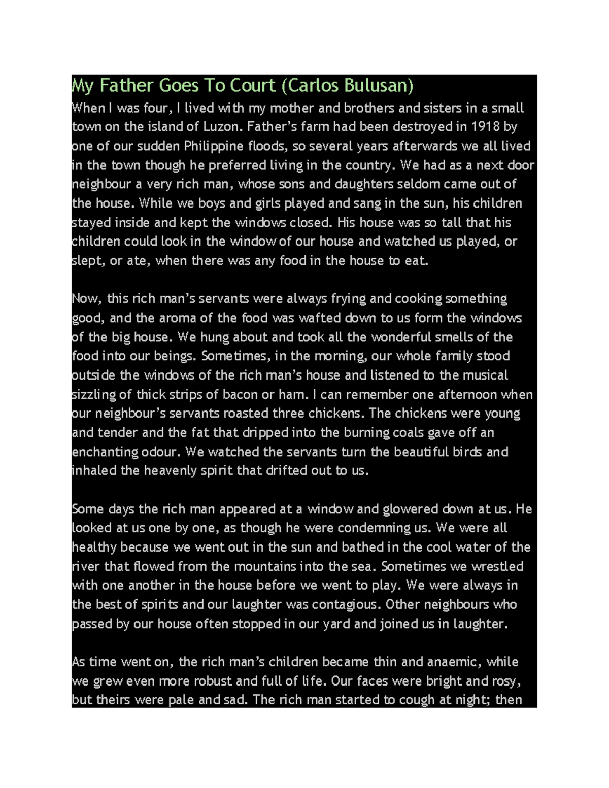 My Father Goes To Court (Carlos Bulosan) - A Literary Analysis - Studocu