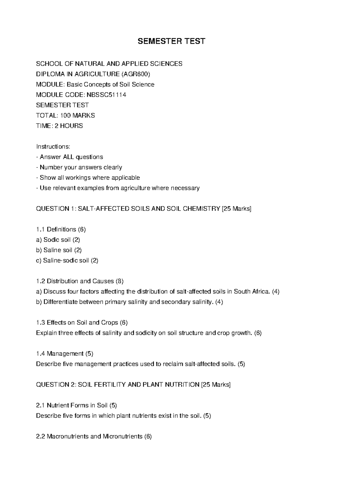 AGR600 Semester Test: Basic Concepts of Soil Science - Studocu