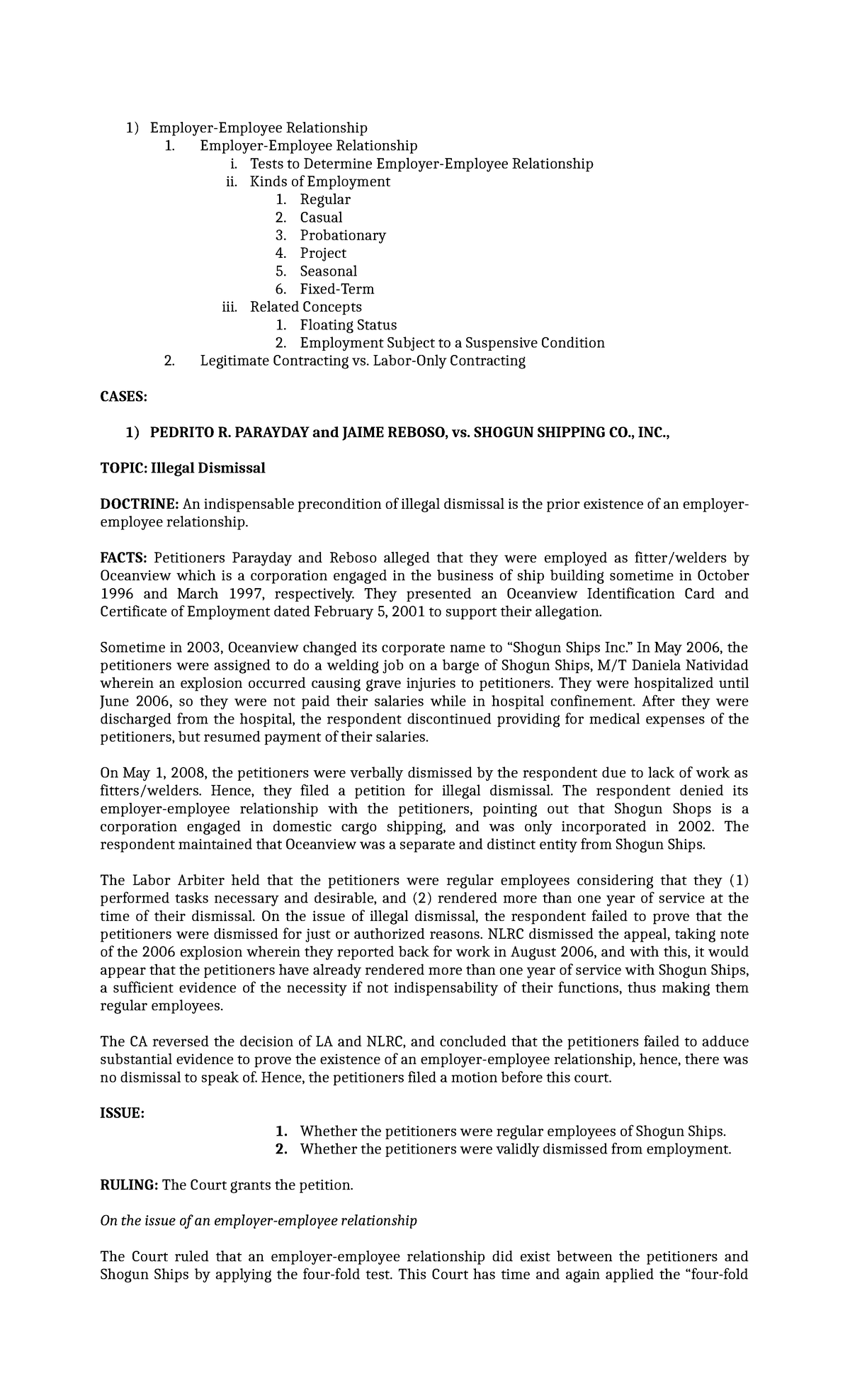 Labor Law Review Digest: EE-ER Relationship & Case Analysis (LLD 101 ...