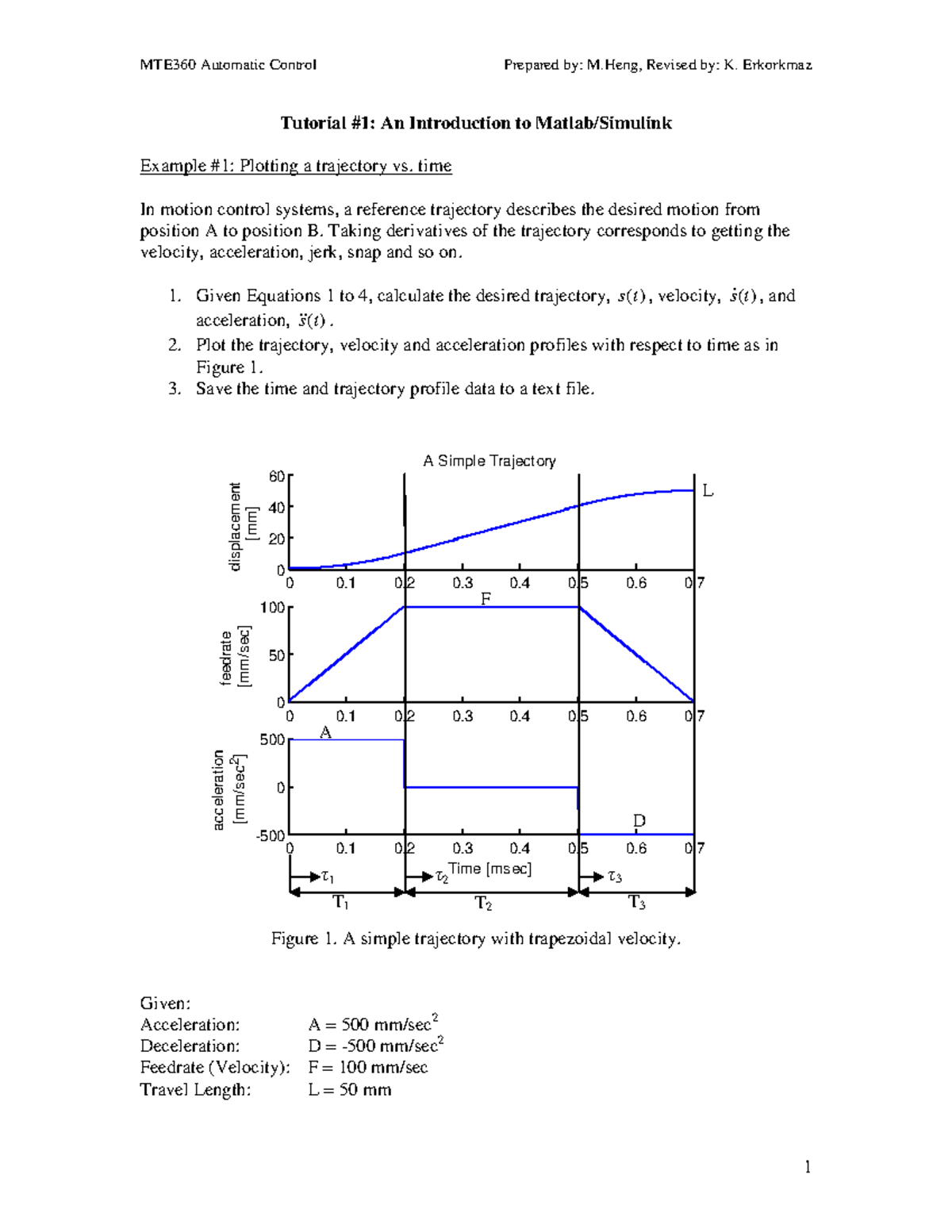 MTE360 Automatic Control: Matlab Simulink Tutorial on Trajectories and ...