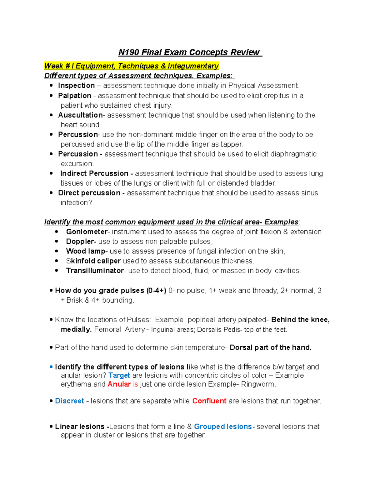Final Exam Student Copy Concepts Review 2024-3 - N190 Final Exam Concepts Review Week # I ...