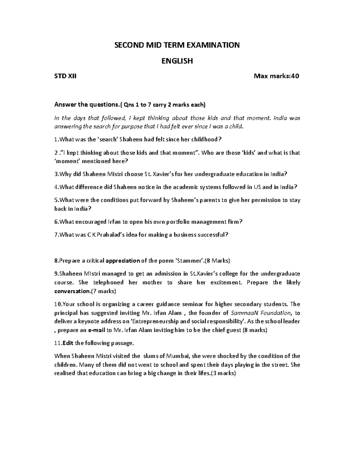 XII English - Second Midterm Exam Qn Paper (Max Marks: 40) - Studocu