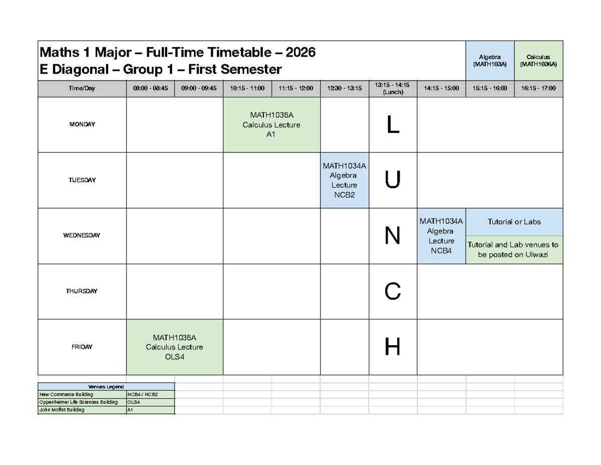 MATH1034 A 1036A - Calculus & Algebra - Timetables - 2026 - MATH1 E G1 ...